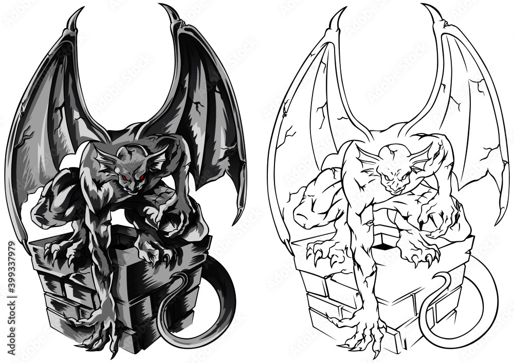 Gothic statue Chimera gargoyles, hand-drawn vector illustration with ...