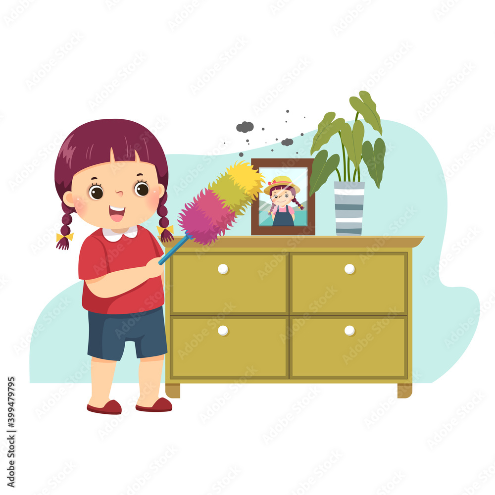 Vector illustration cartoon of a little girl dusting the cabinet. Kids ...