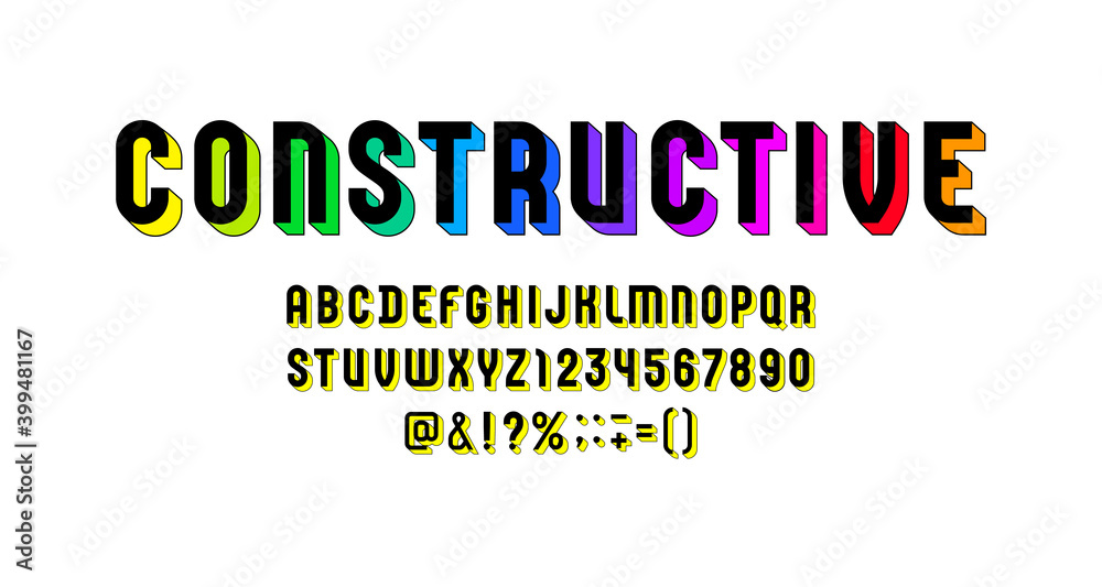 Constructive colored font, trendy 3d alphabet sans serif, modern ...
