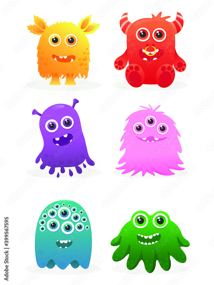 Cute cartoon scary monsters character. Colorful monsters, silhouette ...