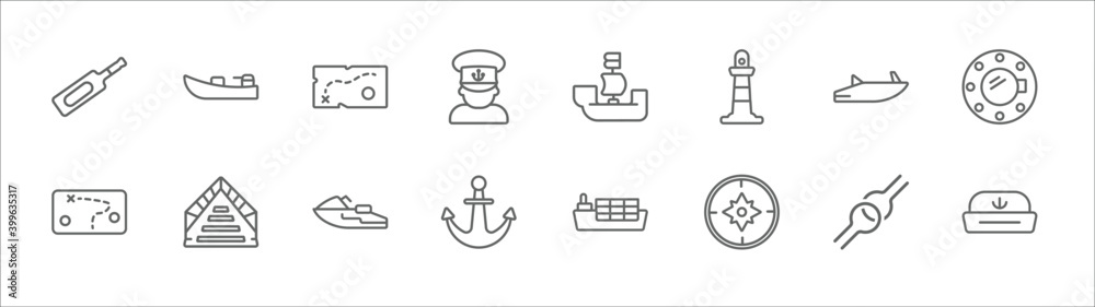 outline set of nautical line icons. linear vector icons such as skiff ...