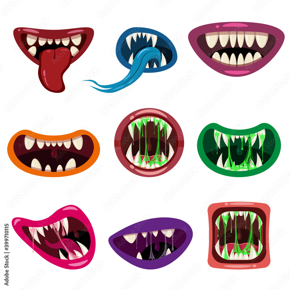 Set Monsters mouths creepy and scary. Funny jaws teeths tongue ...