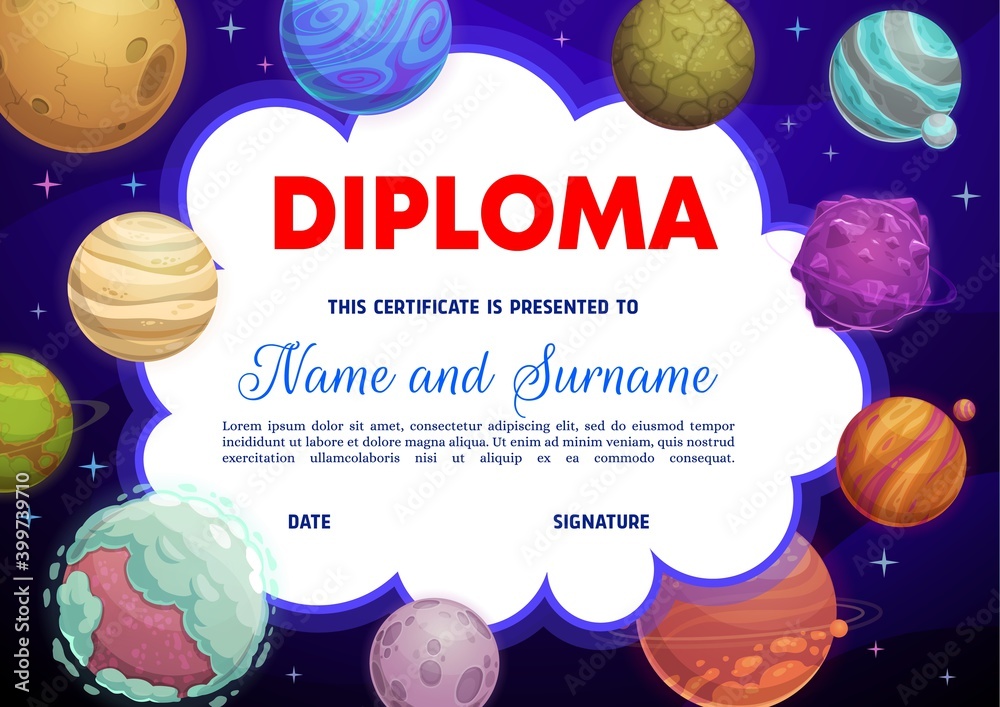 Education school diploma with cartoon vector fantasy planets ...