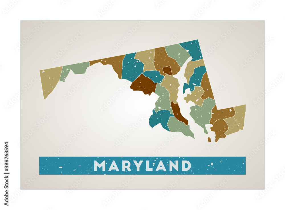 Maryland map. Us state poster with regions. Old grunge texture. Shape ...