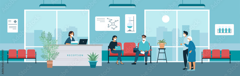 Hospital reception office hall vector illustration. Cartoon man woman ...