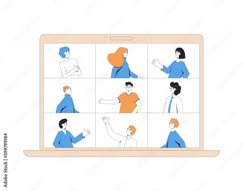 Video call team conference. Online friensa meeting. Digital ...