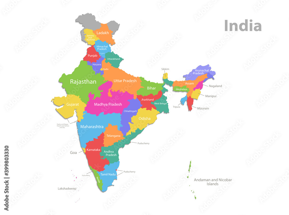 India map, administrative division, separate individual regions with ...