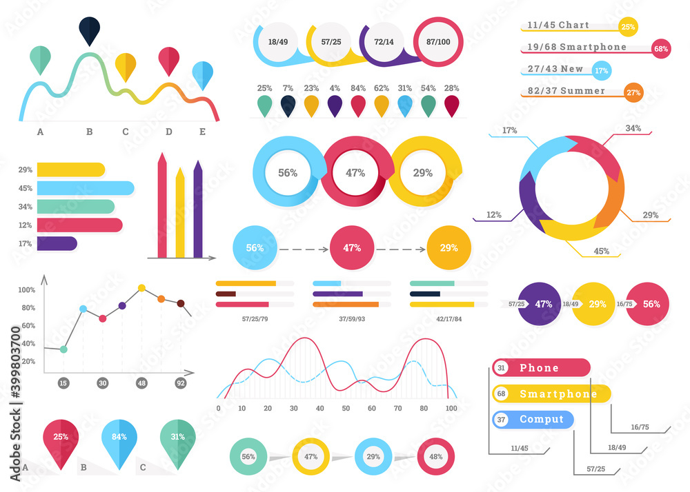 Set of most useful infographic elements - bar graphs, pie charts, steps ...