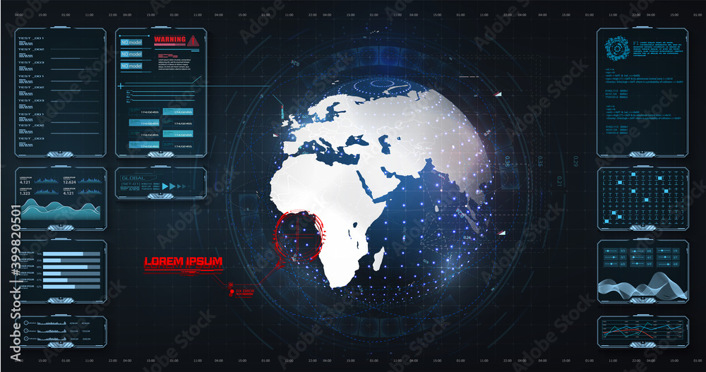 Data screen with chart, graphic, ui, ux panel, visualization screen. Earth globe, control center ...