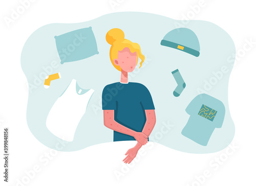 Blond woman suffering from wool or textile allergy. Red spots on itchy ...