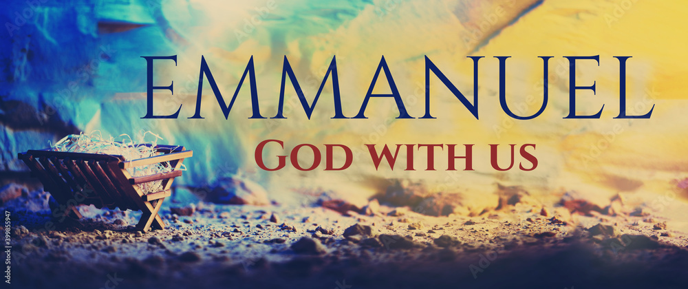 Wooden manger and star of Bethlehem in cave, nativity scene background ...