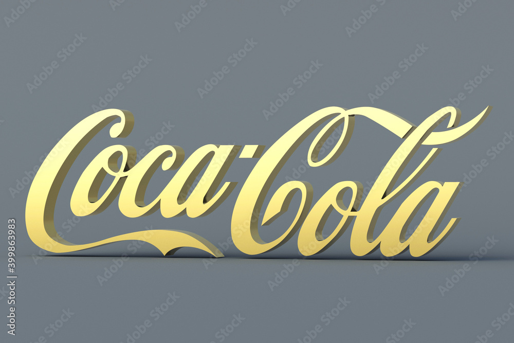 Golden Coca-Cola logo on gray background. International brand of ...