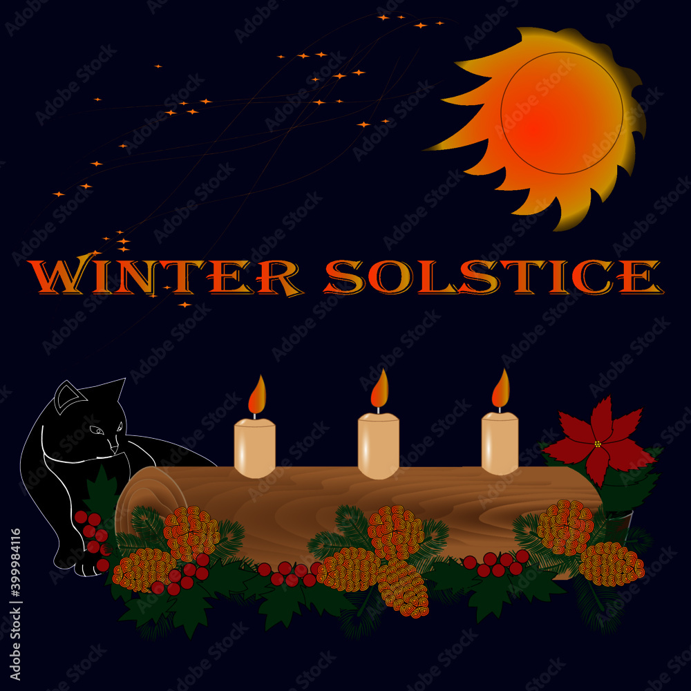 Winter solstice or Yule card. Black cat is looking at the traditional ...