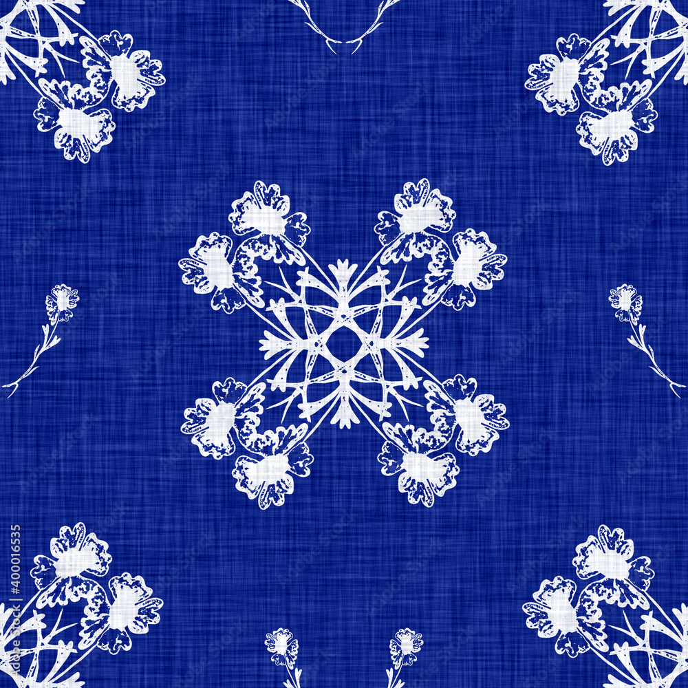 Indigo blue floral motif on linen texture background. Hand drawn dye ...