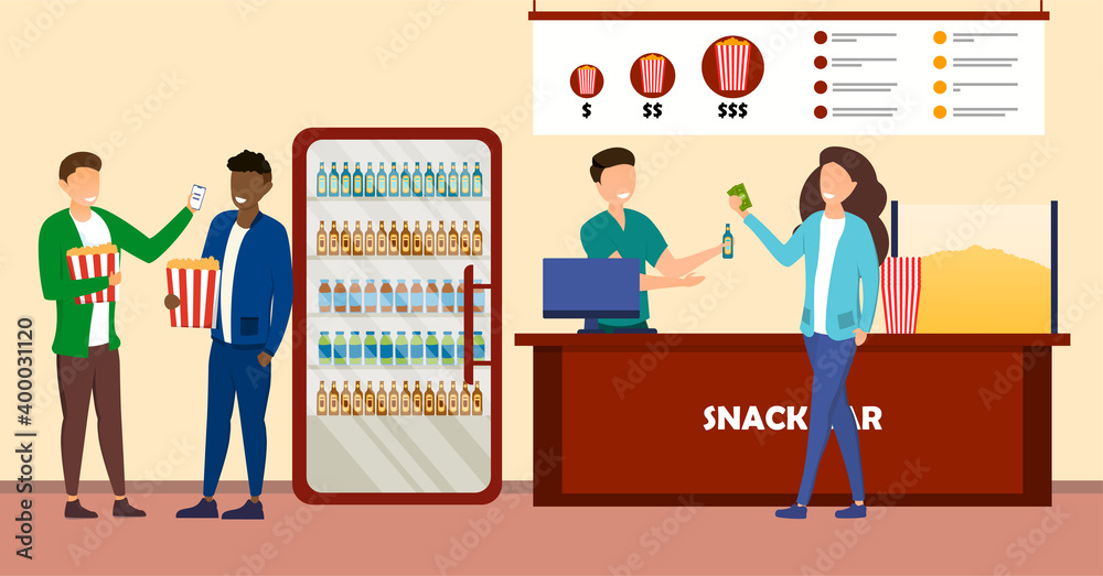 Crowded snack bar in cinema. Hapy customers eating popcorn and chips ...