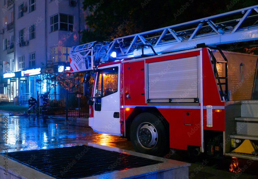Fire engines in the courtyard of the apartment building where the fire ...