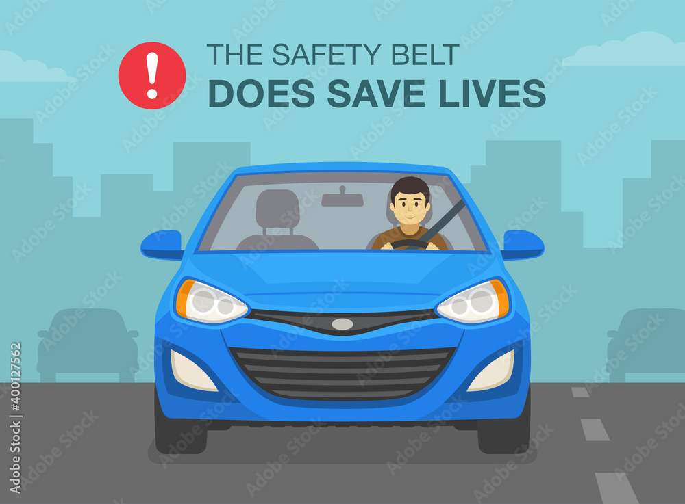 Driving a car. The safety belt does save lives poster design. Male ...