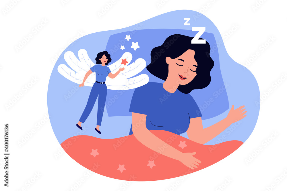 Happy woman lucid dreaming in REM sleep state isolated flat vector ...