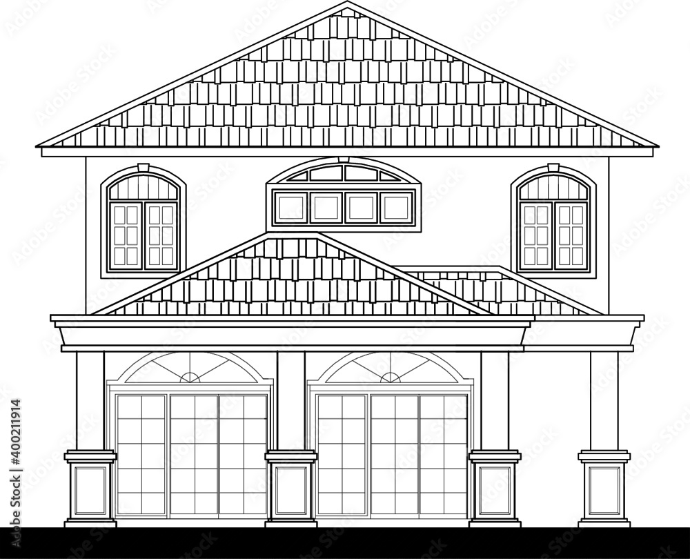 Stockvector Two-storey terraced house in 2D black and white CAD drawing ...