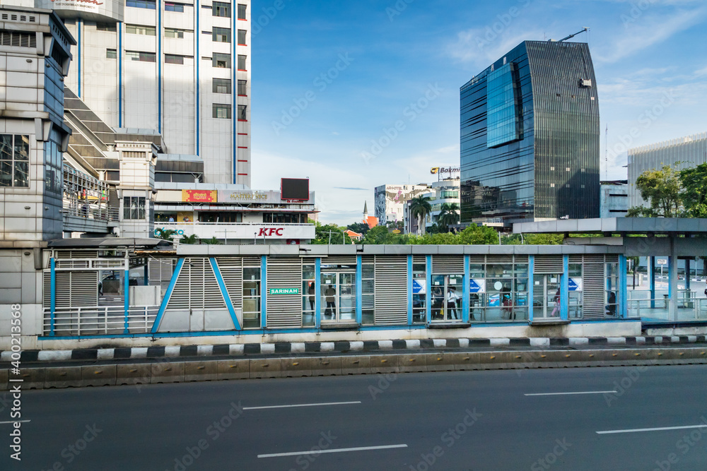 Jakarta, Indonesia - November 2017: Transjakarta bus in downtown ...