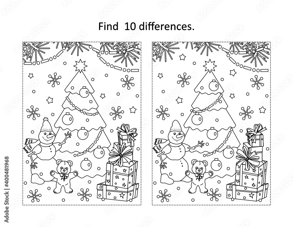 Winter holidays, New Year or Christmas themed find the ten differences ...