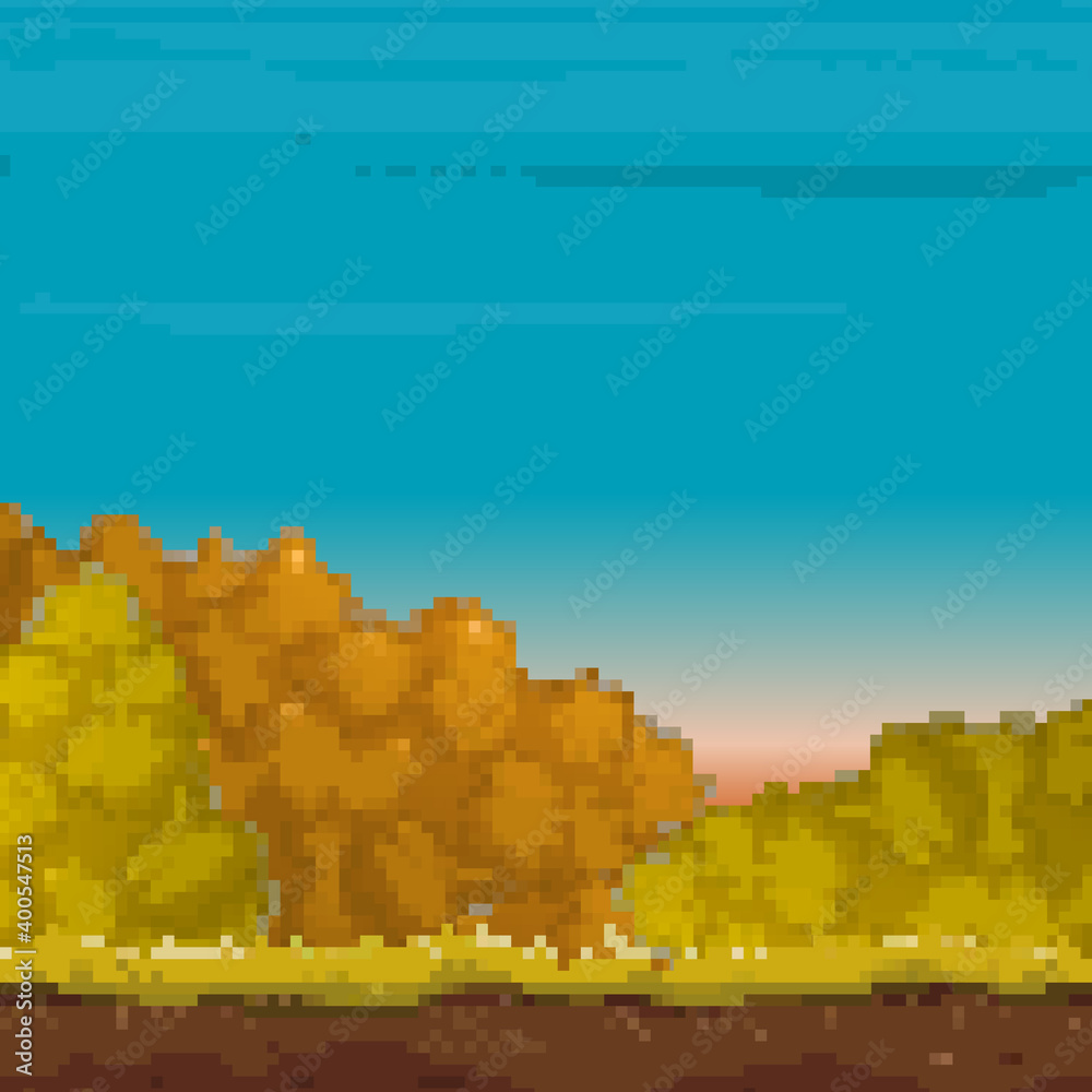 Old style pixel game. Pixel art game background. Ground, grass, sky ...