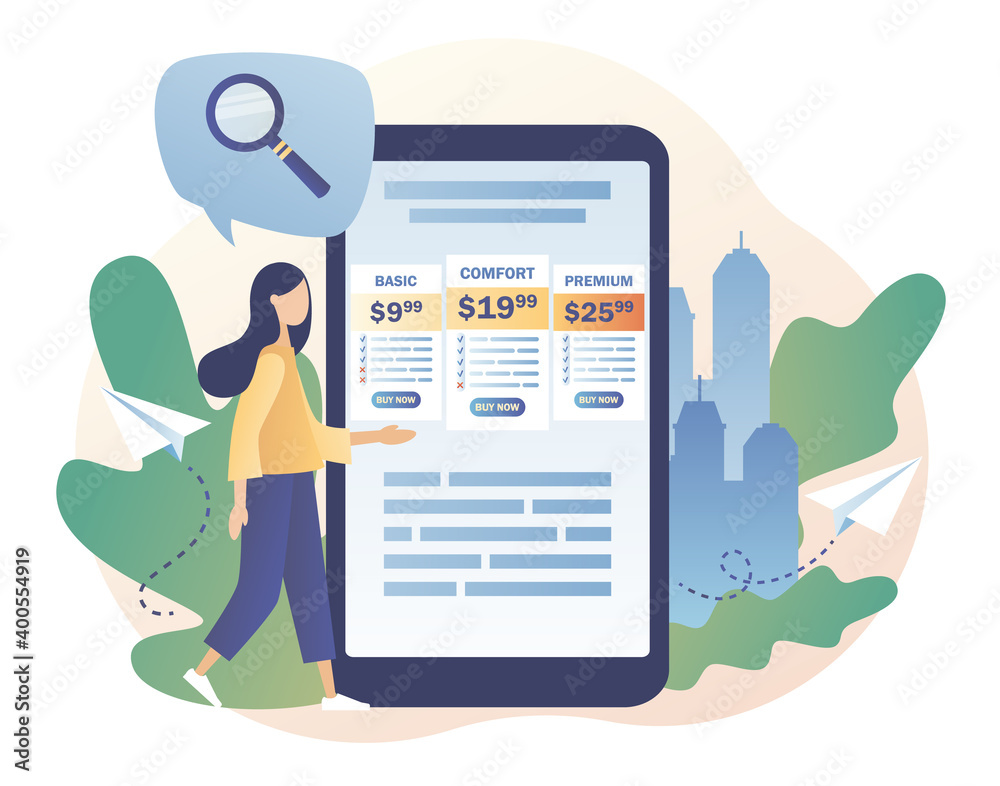 Tariff plans in smartphone app. Tiny girl choose their plan type. Price ...