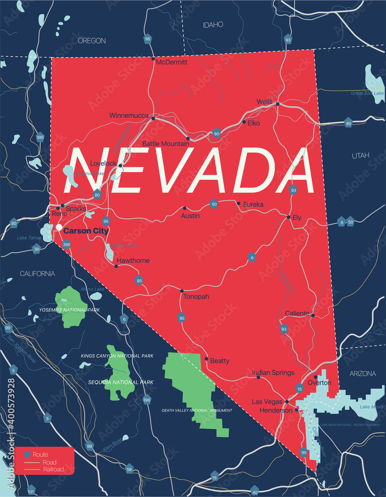 Nevada state detailed editable map with cities and towns, geographic ...