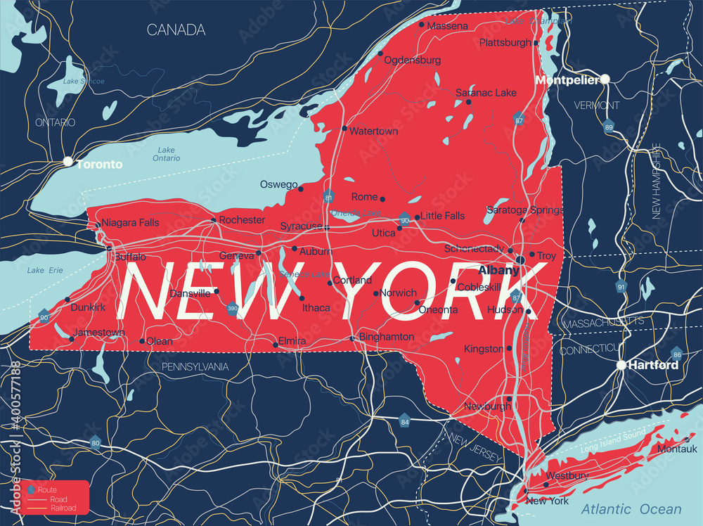 New York state detailed editable map with cities and towns, geographic ...