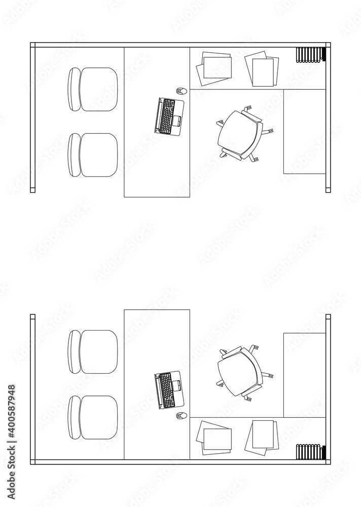 Image of office cubicle and workstation from above in 2D CAD drawing ...