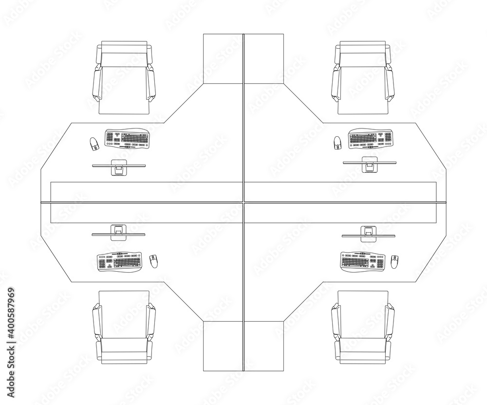 Image of office cubicle and workstation from above in 2D CAD drawing ...