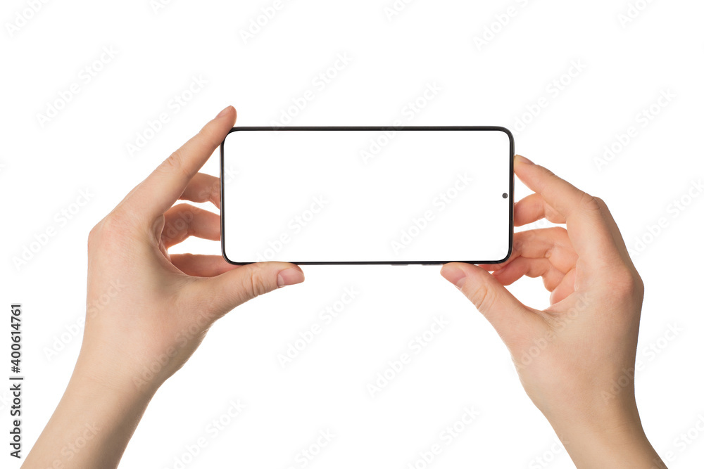 Shooting on smart phone concept. Close up photo pov of female hands ...