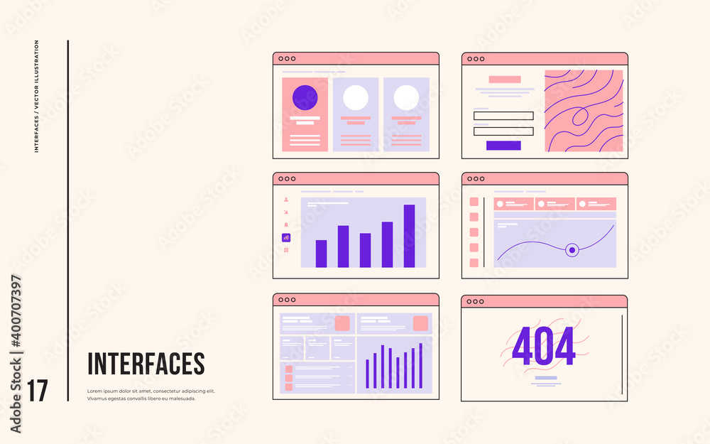 Collage of user interface elements, UI and UX theme. Wireframe prototyping system for web and ...