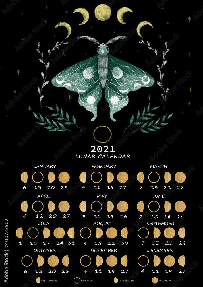 Lunar calendar 2021. Moon phases calendar for 2021 with beautiful lunar ...