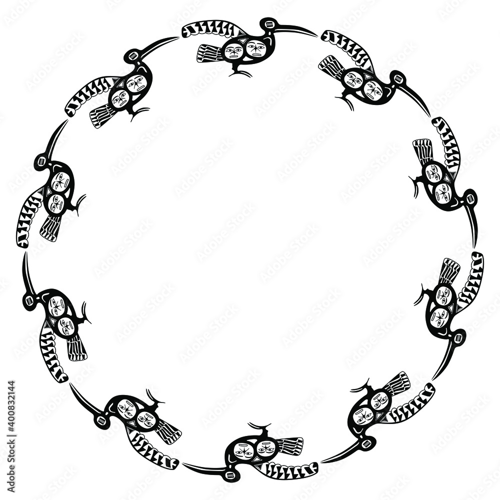 Round animal frame with stylized birds. Black silhouette on white ...