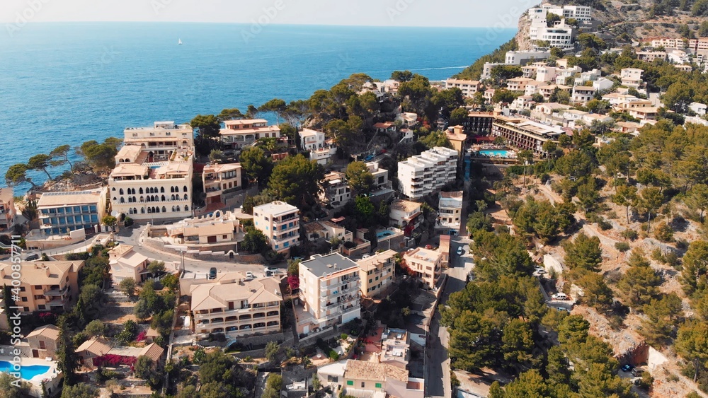 Marina and beach at bay seaside of Port de Soller on Mallorca, panoramic aerial view. High ...