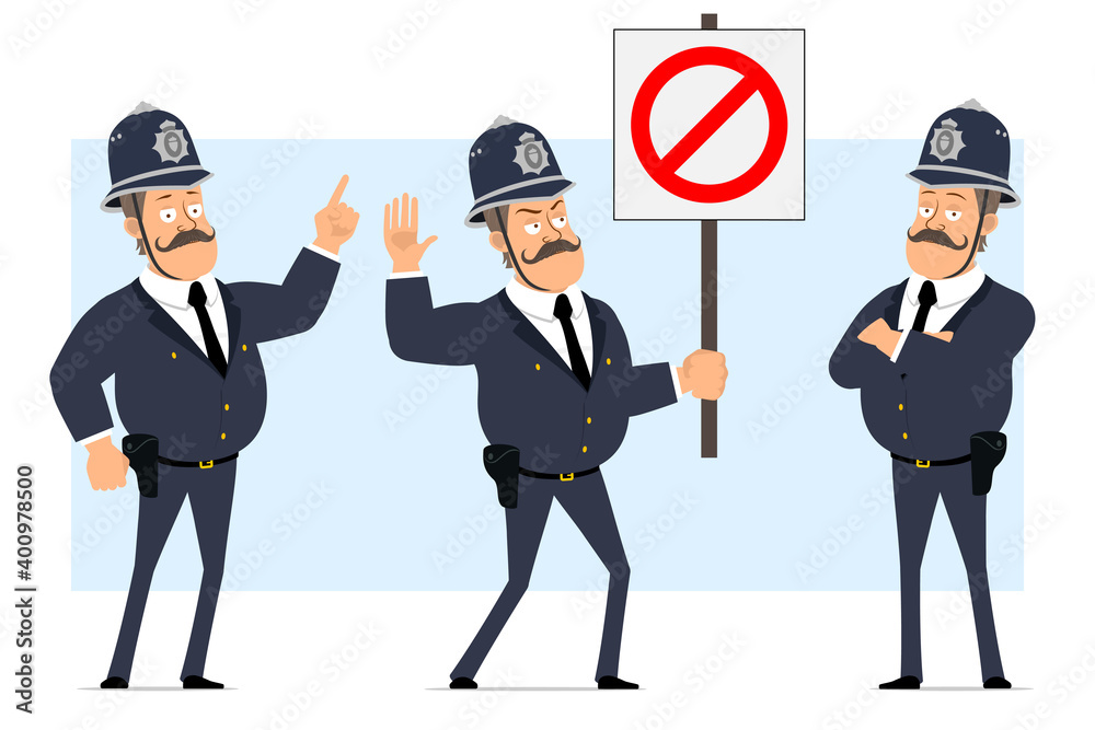 Cartoon flat funny british fat policeman character in helmet and ...