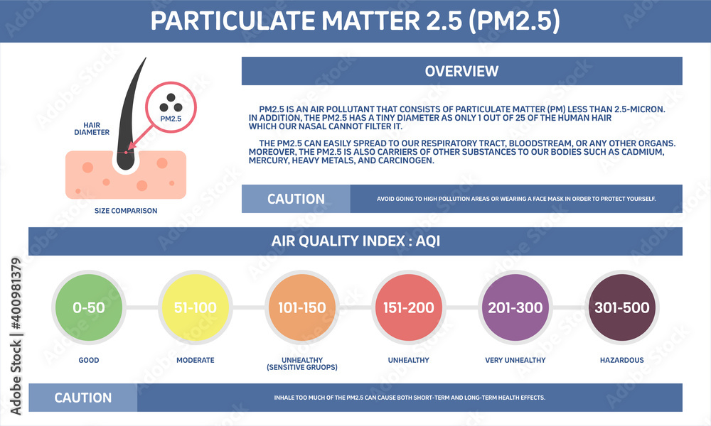 Particulate Matter 2.5 (PM2.5) and air quality index (AQI) infographic. Flat design. Stock ...