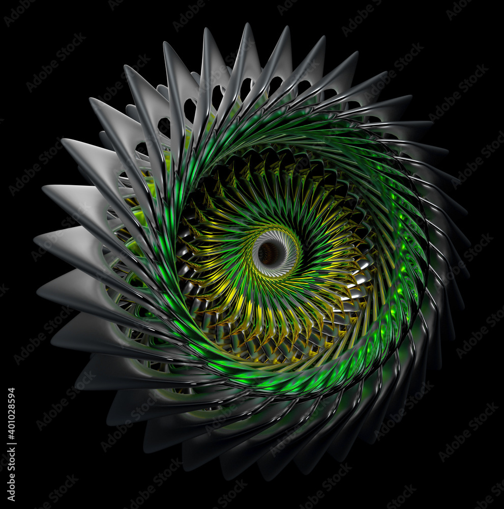 3d render of abstract art with surreal 3d machinery industrial turbine ...