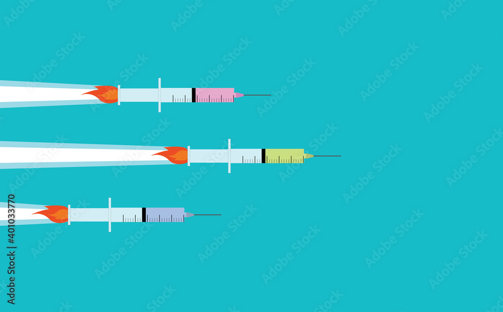 Covid-19 vaccine race concept. Syringes flying like a missile, rocket ...