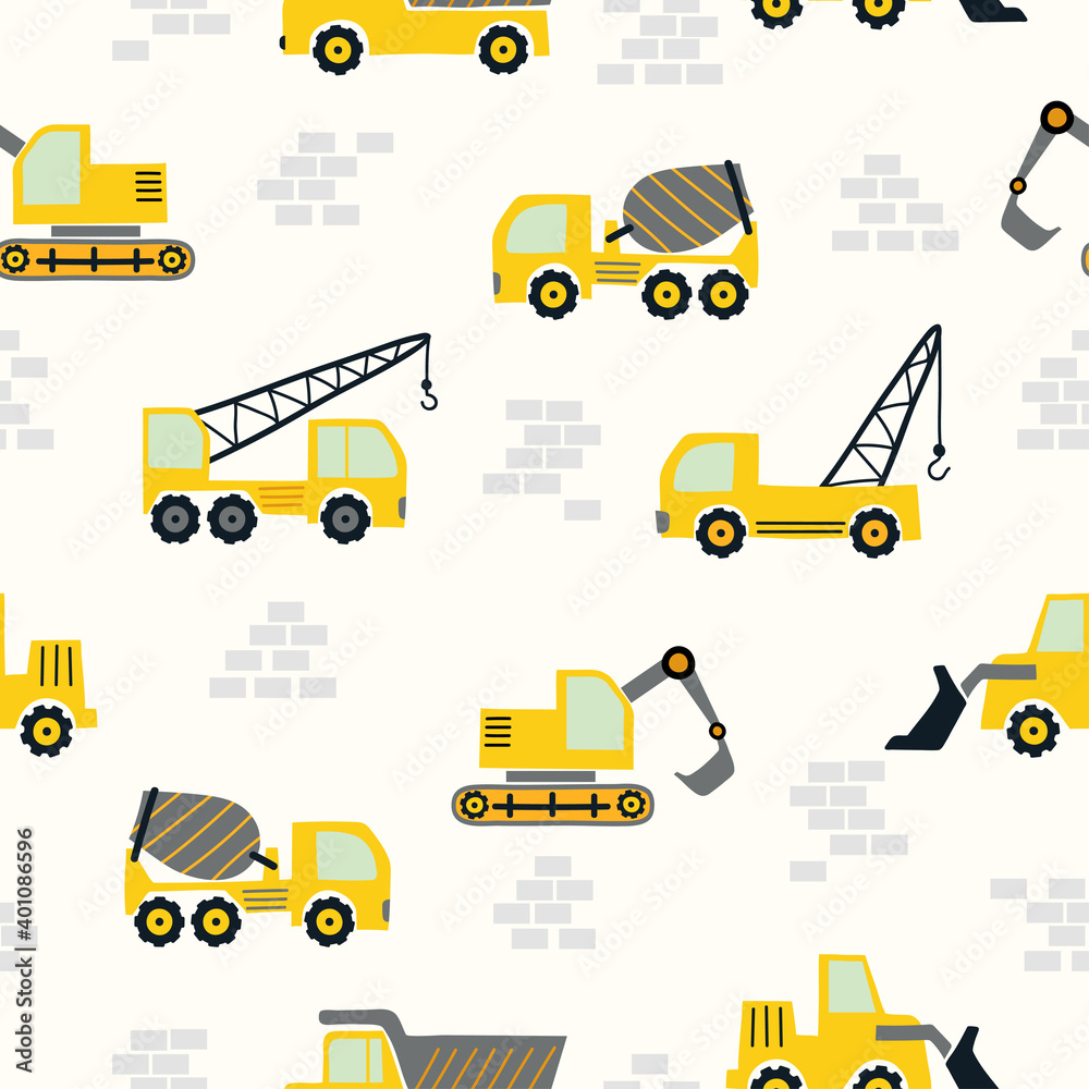 Construction pattern with cartoon yellow trucks. Vector seamless ...