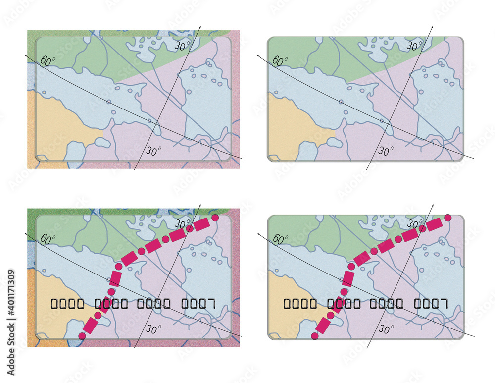 Bank card form with drawing of a fragment of the political map of the ...