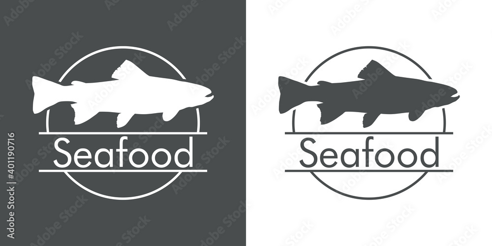 Logotipo con texto Seafood con silueta de trucha o salmón en círculo ...