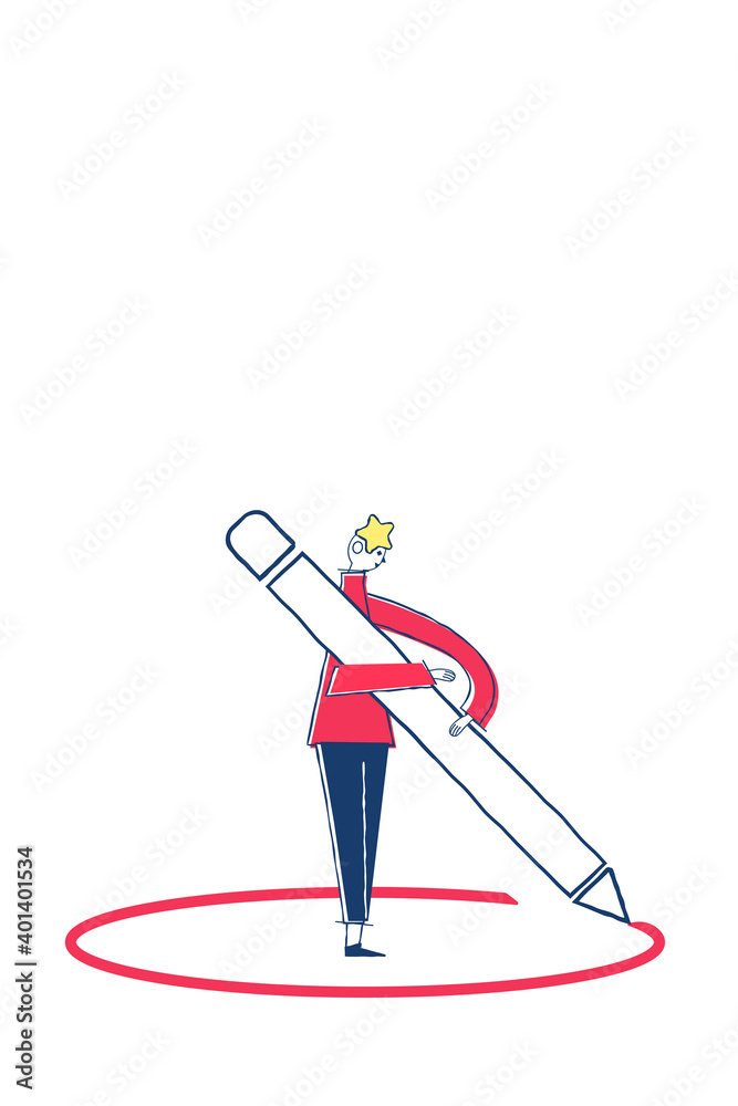 Young man cartoon character drawing a circle around themselves on white ...