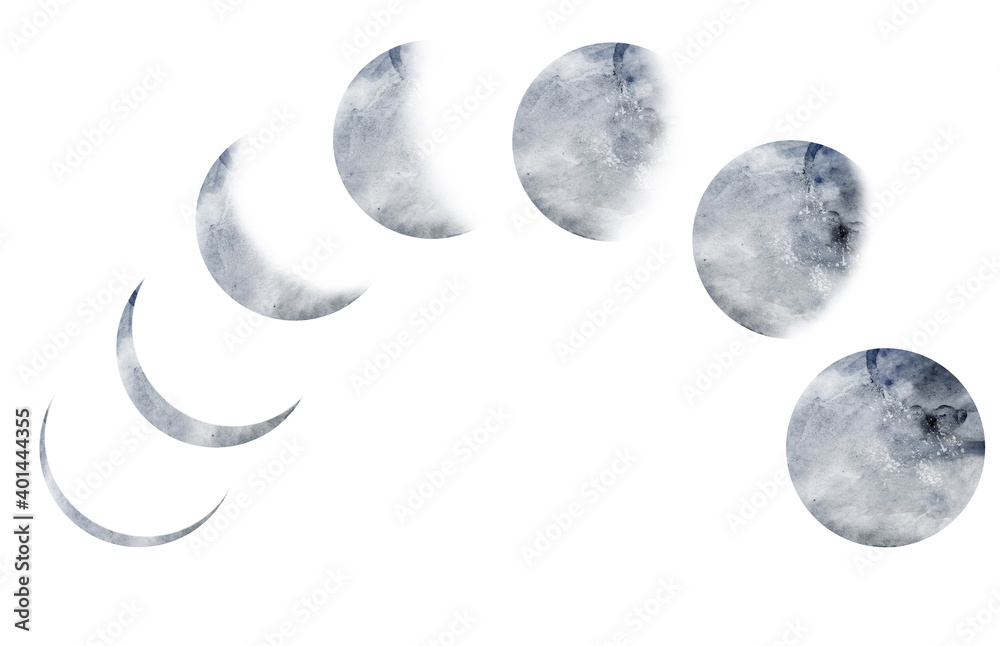 Watercolor moon phases clipart, celestial illustration set on whote ...
