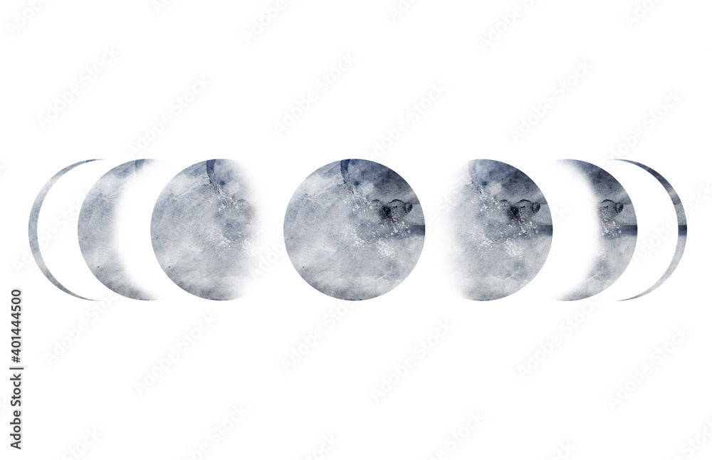 Watercolor moon phases clipart, celestial illustration set on whote ...