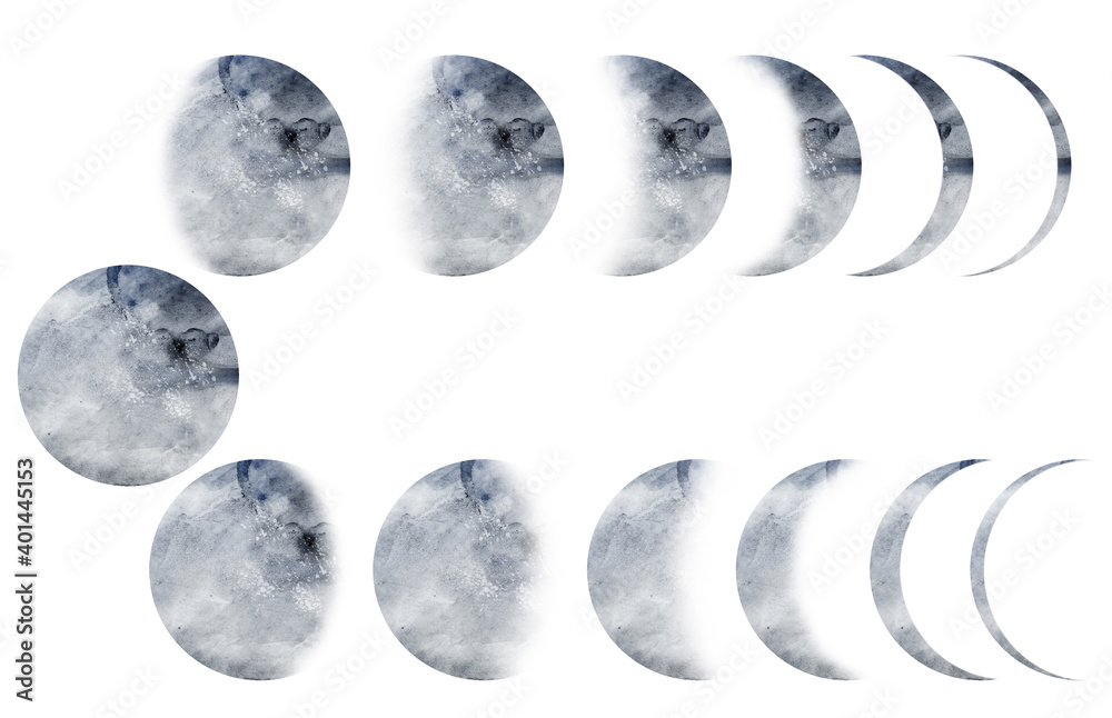 Watercolor moon phases clipart, celestial illustration set on whote ...