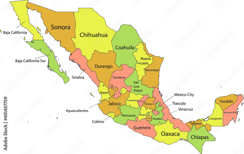 Pastel vector map of United Mexican States with black borders and names ...