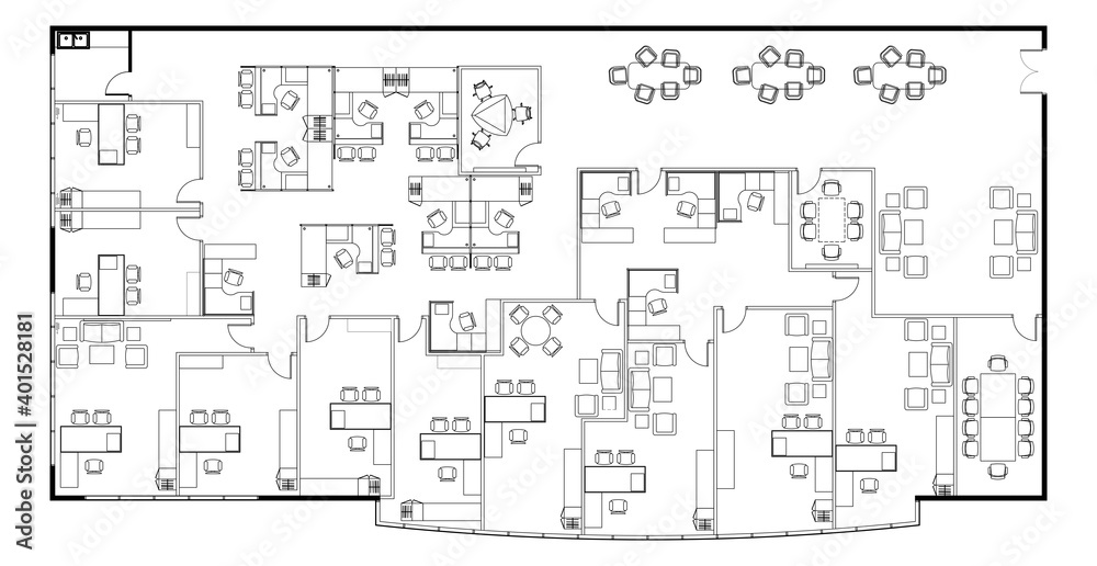 An office layout drawing complete with the office furniture in 2D CAD ...