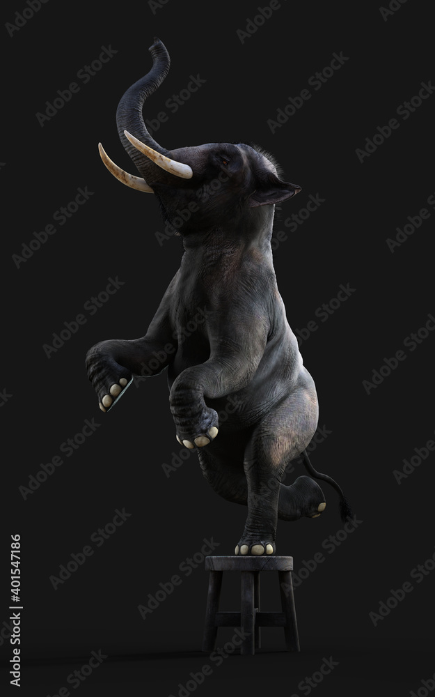 3d Illustration of an elephant standing one leg on a small stool ...
